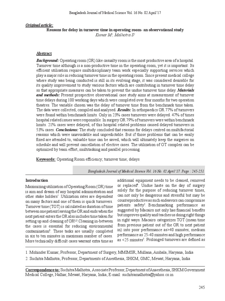 Reasons For Delay in Turnover Time in Operating Room An Observational ...