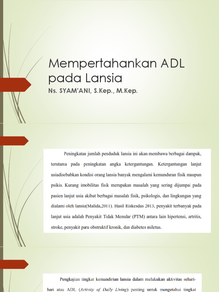 Penilaian ADL dan Kemandirian Lansia | PDF | Kesehatan Holistik | Gaya ...