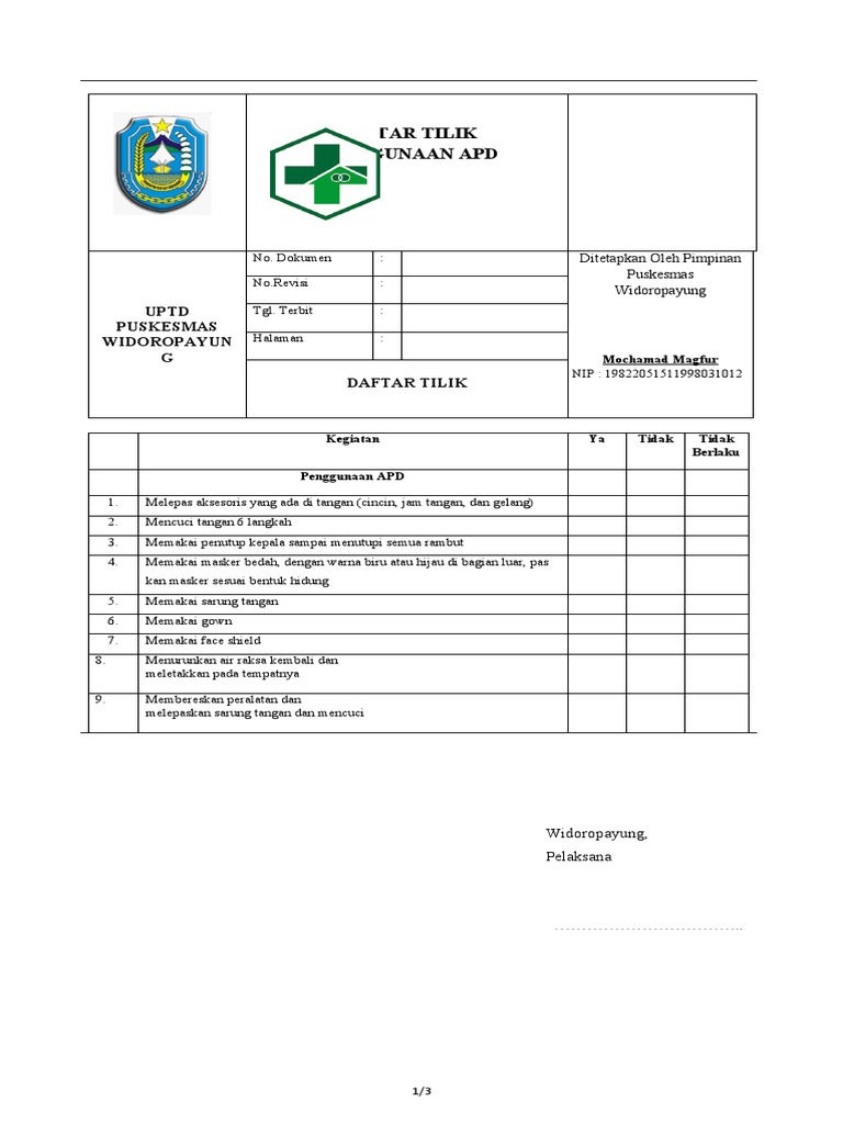 Daftar Tilik Penggunaan Apd | PDF