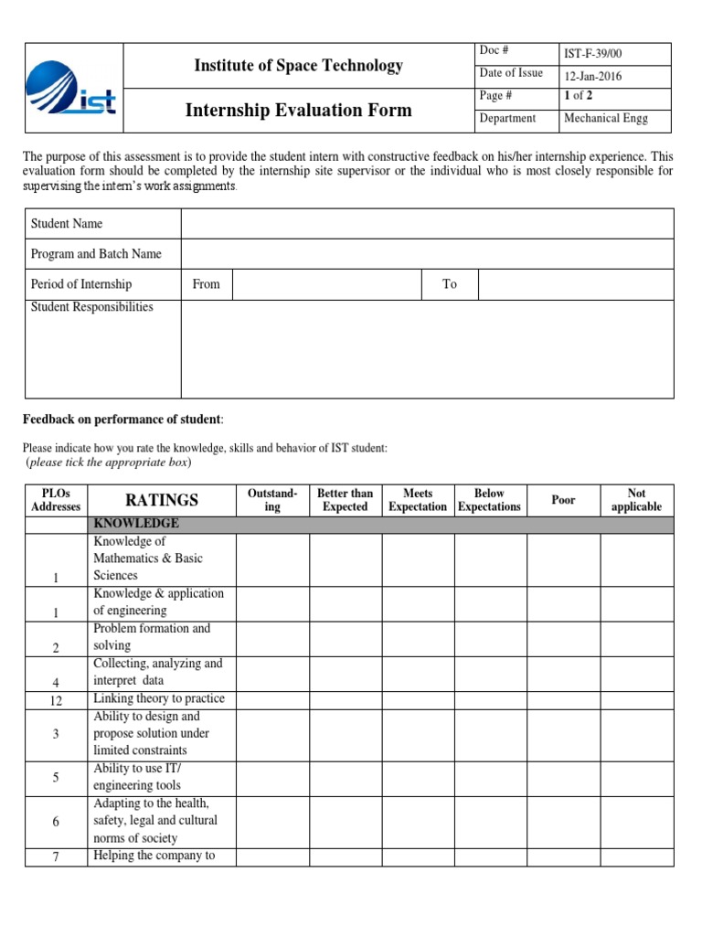 Internship Evaluation Form: Institute of Space Technology | PDF ...