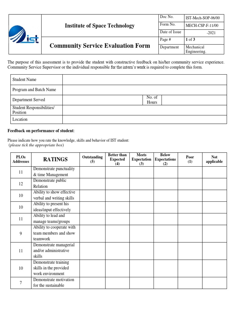Community Service Evaluation Form Pdf Evaluation Engineering