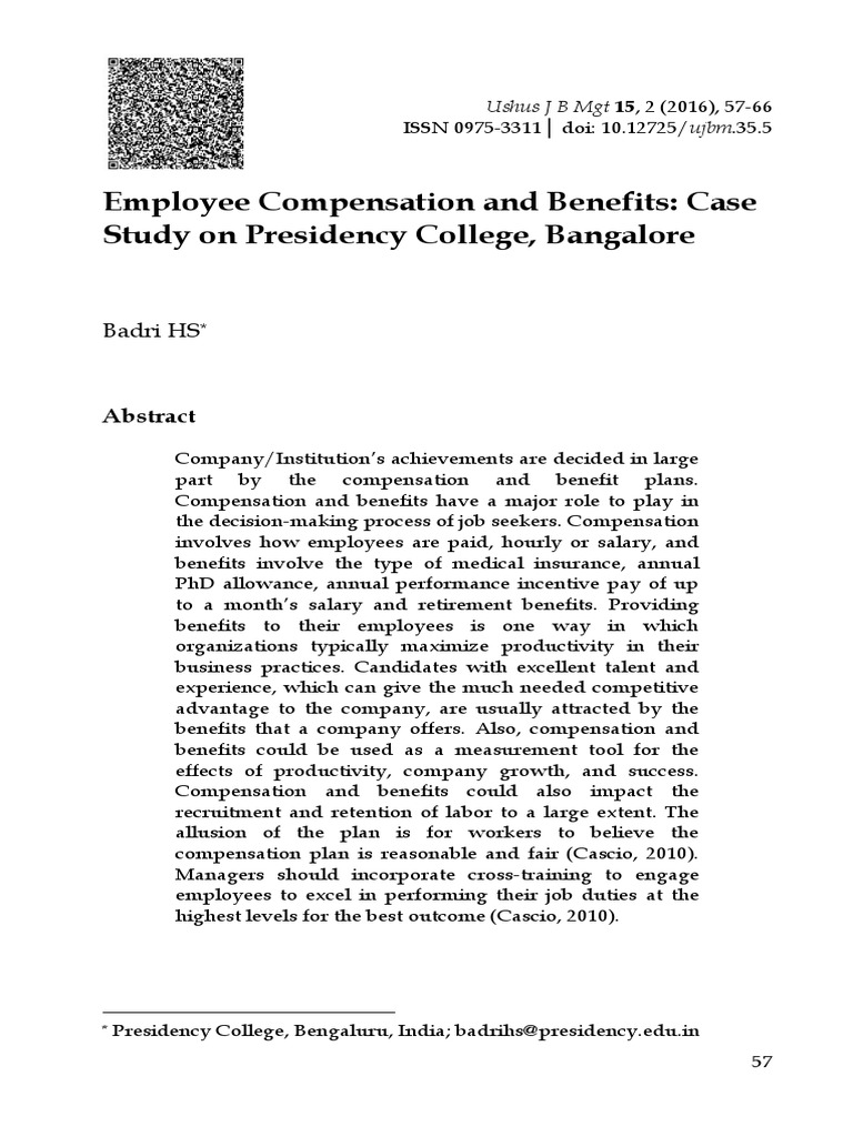 Employee Compensation and Benefits: Case Study On Presidency College ...