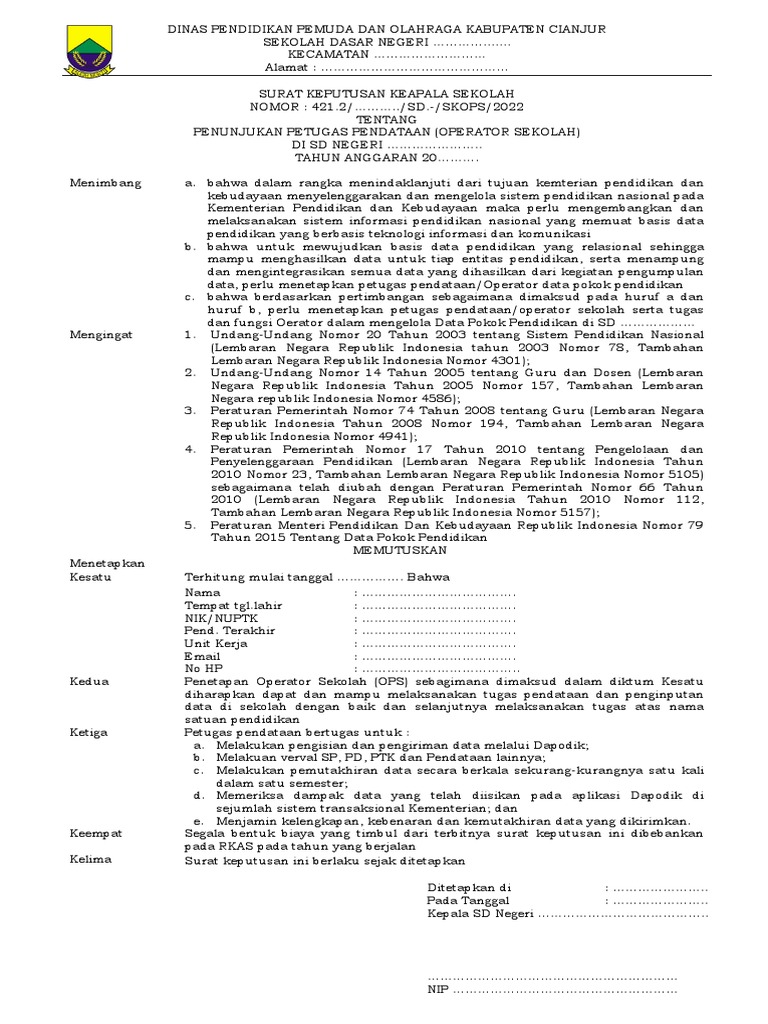 Contoh SK Operator Sekolah | PDF