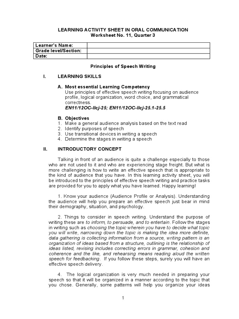 OC LAS 11 Principles of Speech Writing | PDF | Speech | Learning