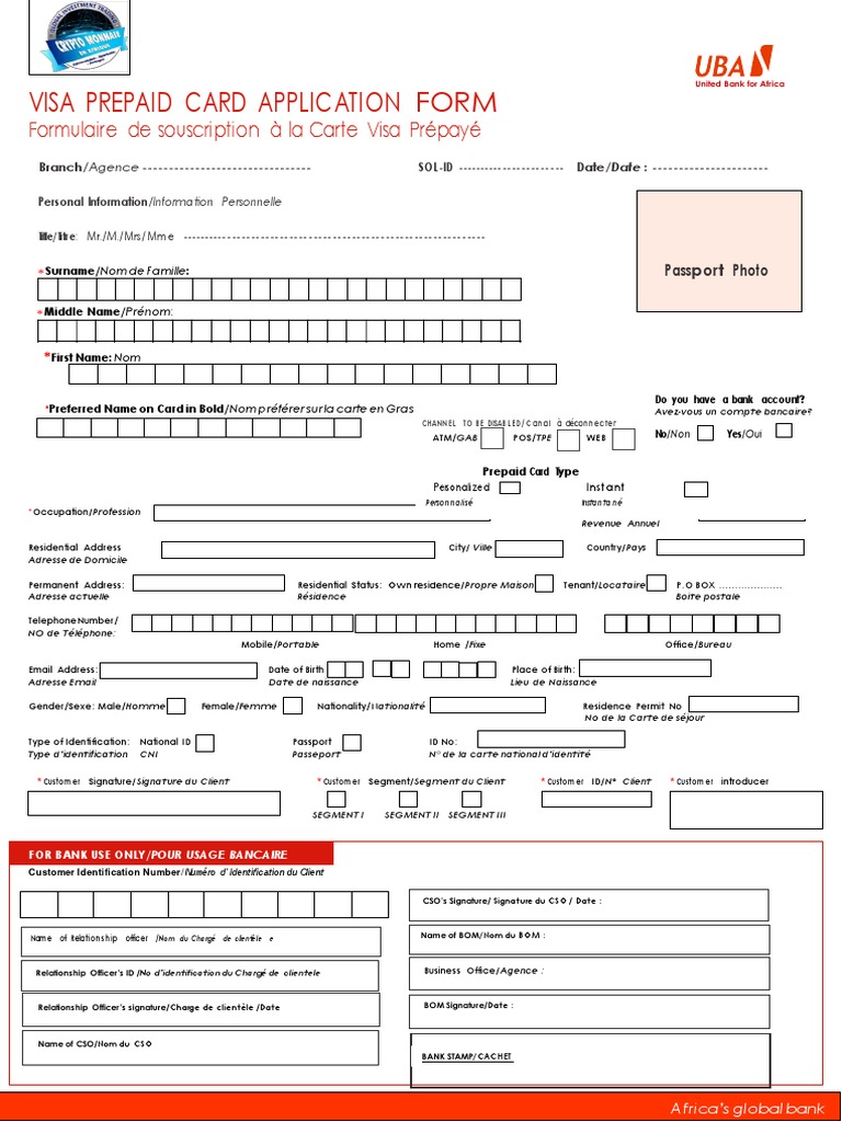 UBA Visa Prepaid Card Application Form | PDF | Debit Card | Stored ...