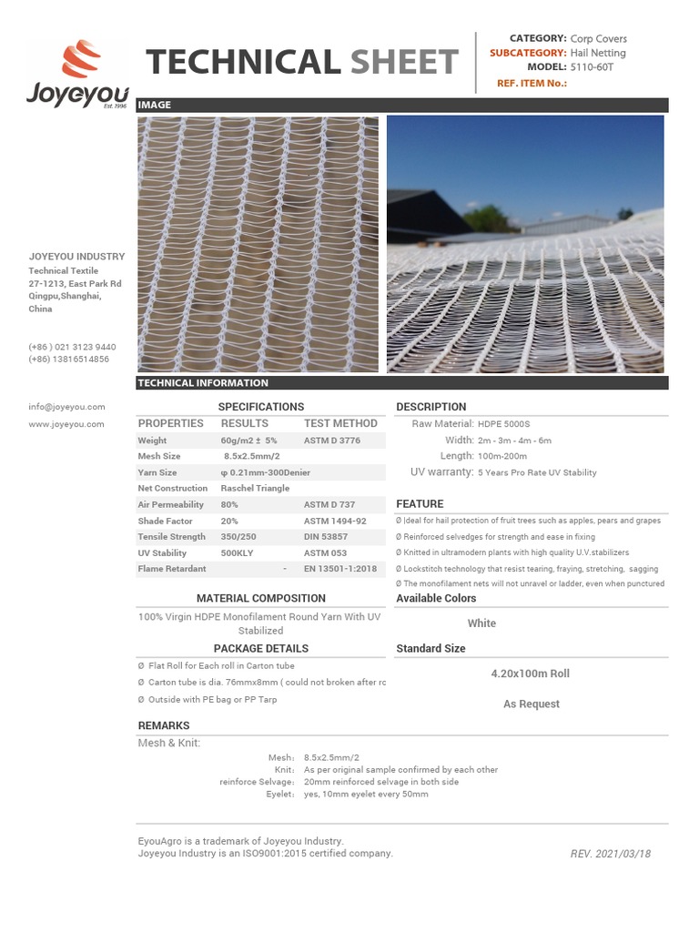 【Hail Netting】-Technical DATA SHEET - Raschel -Triangle | PDF ...