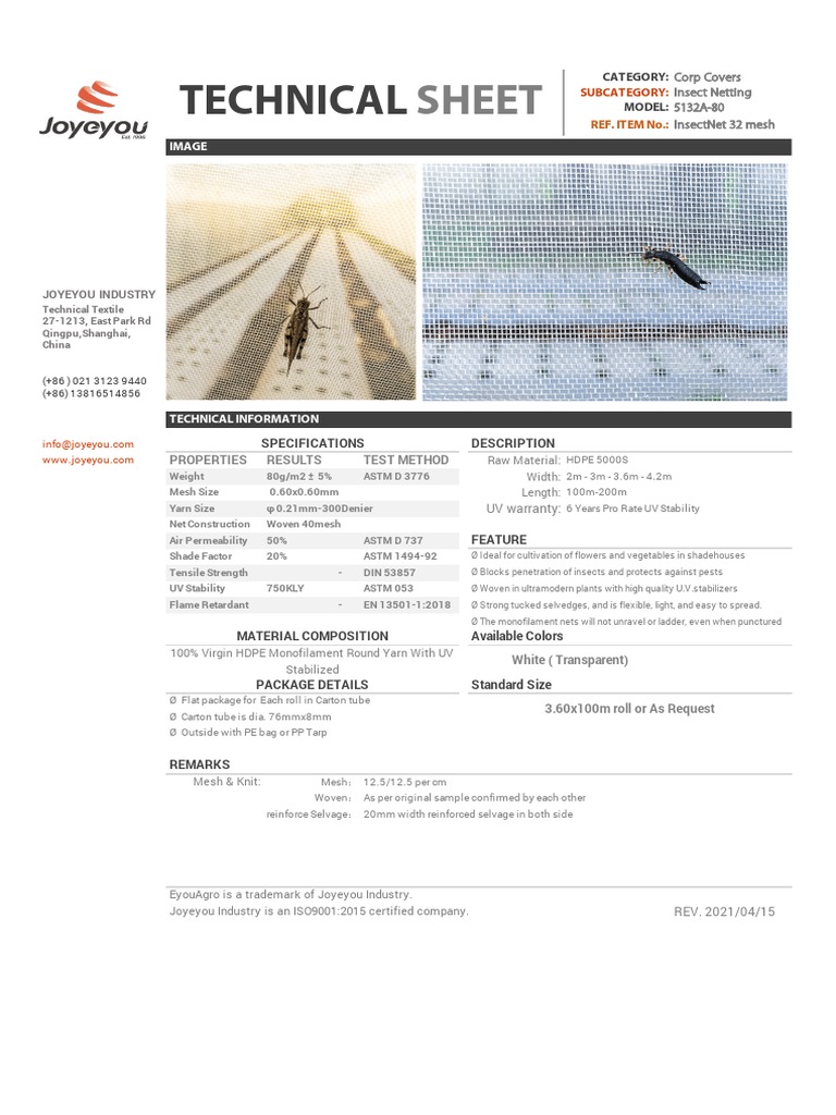 Insect Netting Specifications 5132A-80 | PDF | Textiles | Materials