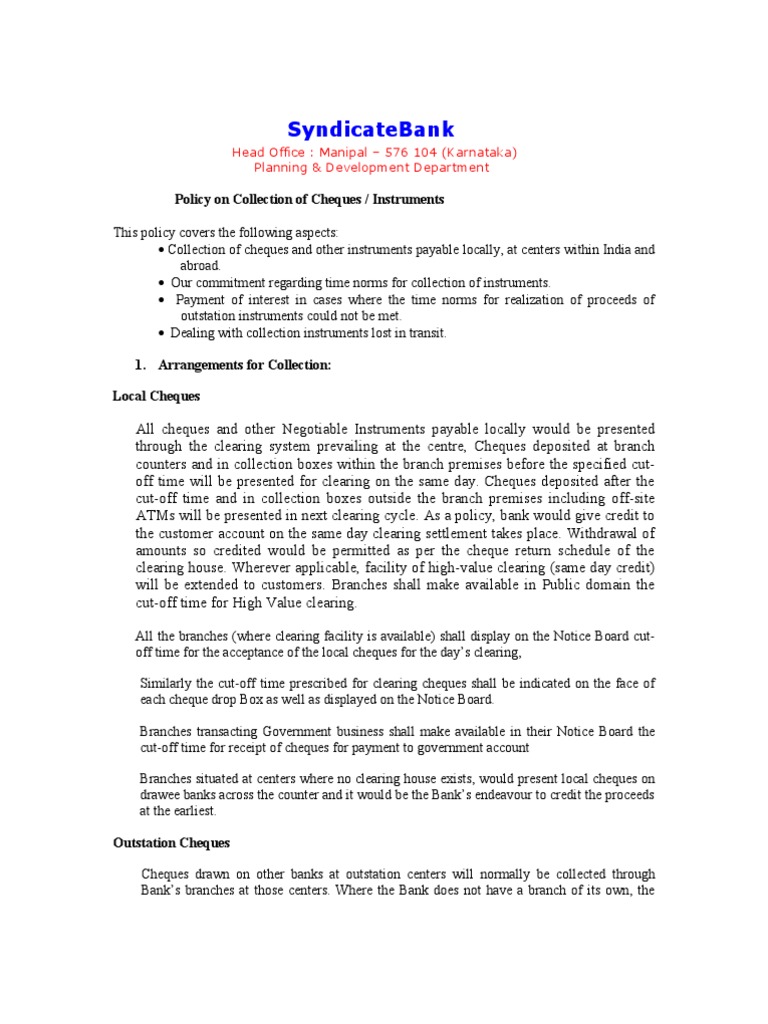 Bank Policy Cheque Collection | PDF | Cheque | Overdraft