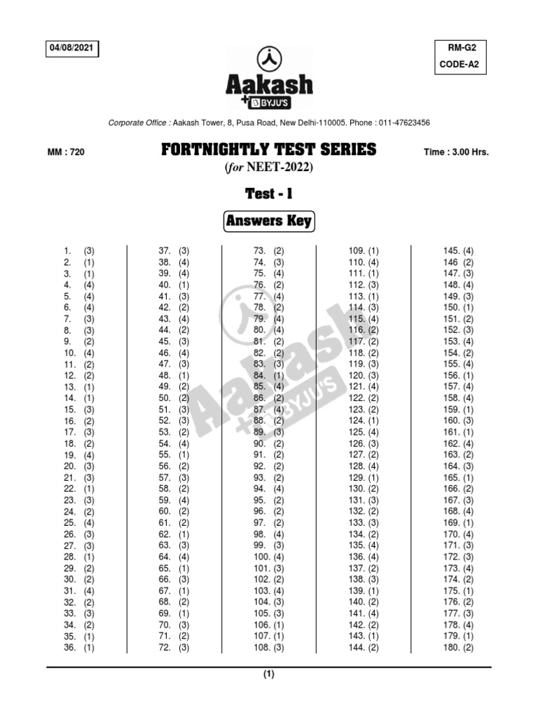 Aakash Fortnightly Test 1 Answers | PDF | Mole (Unit) | Molecules