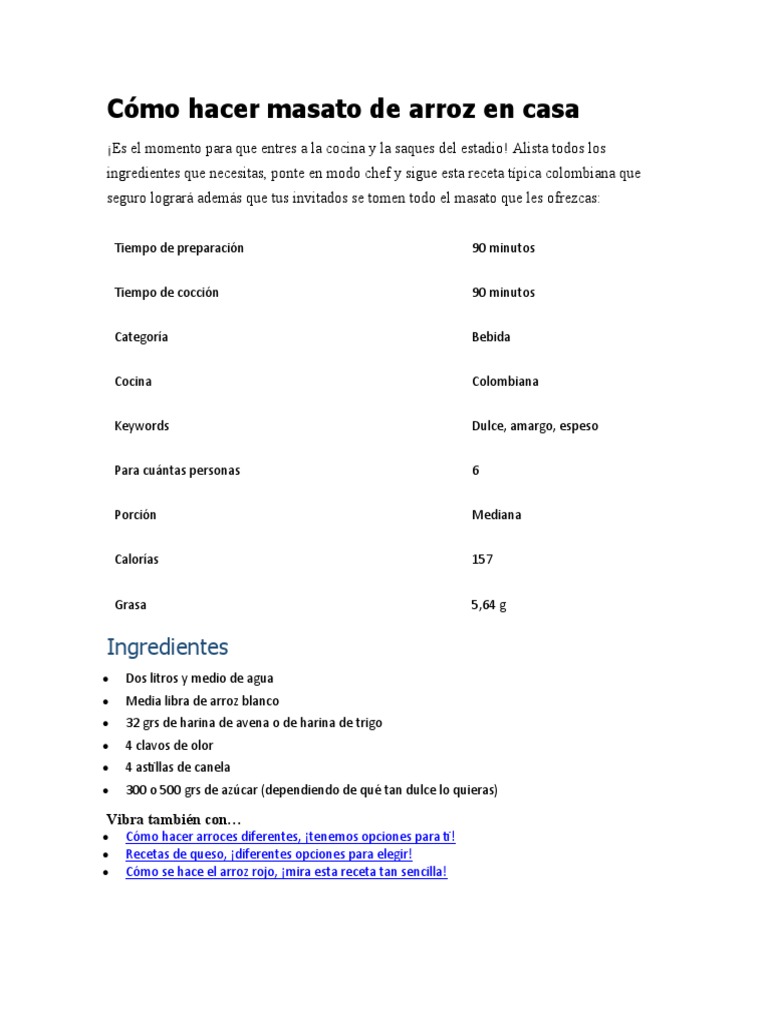 Receta de masato de arroz casero | PDF | Arroz | Cocinando