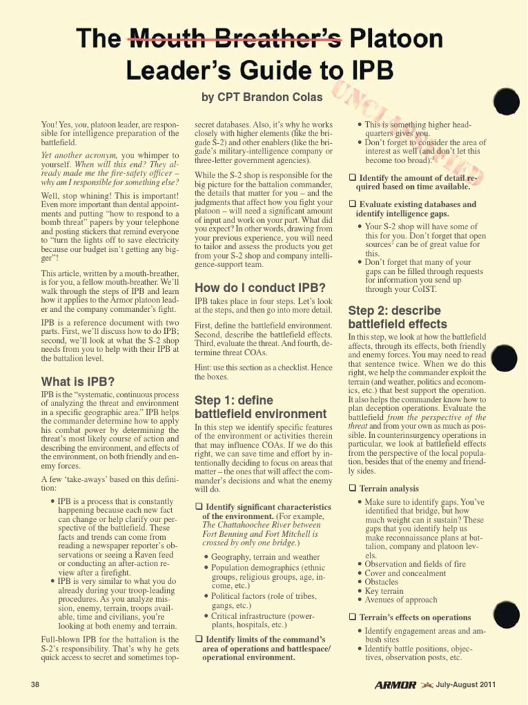 The Platoon Leader's Guide To IPB | PDF | Reconnaissance | Tanks