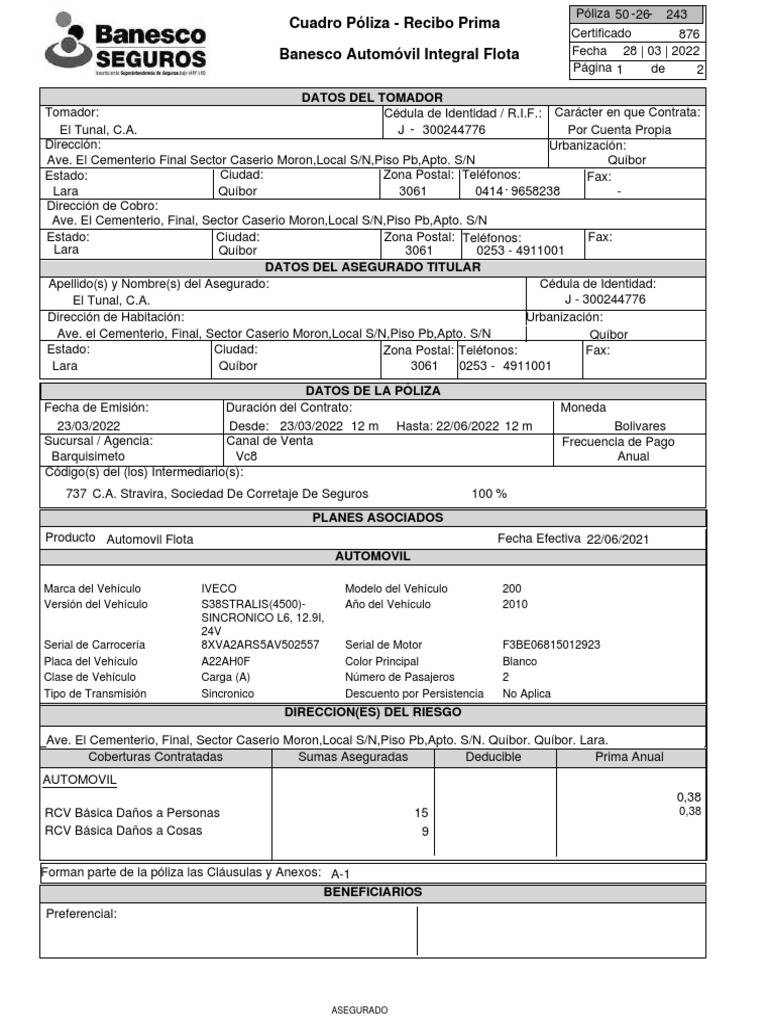 A22ah0f RCV | PDF | Póliza de seguros | Seguro