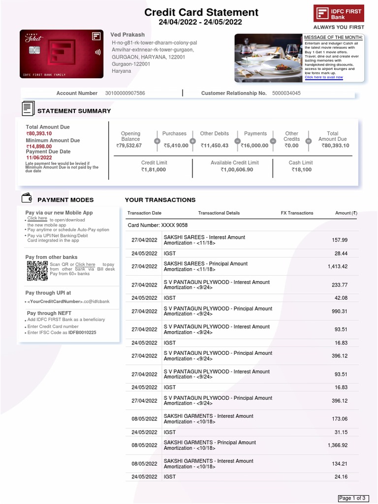 IDFC FIRST Bank Credit Card Statement 24052022 | PDF | Credit Card | Payments