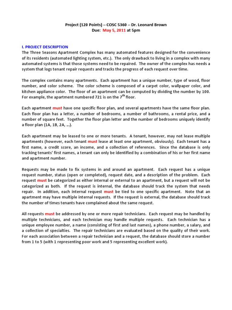 I. Project Description: Project (120 Points) - COSC 5360 - Dr. Leonard ...