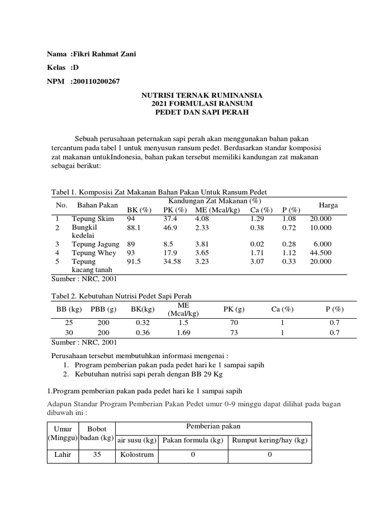 Fikri Rahmat Zani - 200110200267 - D - Laporan Praktikum Formulasi Ransum Sapi Perah Periode ...