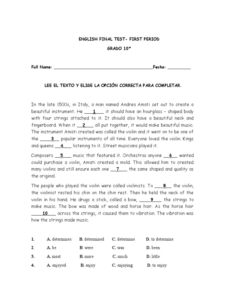 Grade 10 English Exam | PDF | Violin | String Instruments