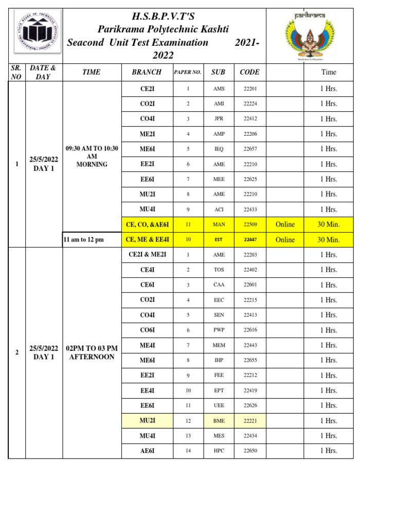 Unit Test 2 Time Table | PDF