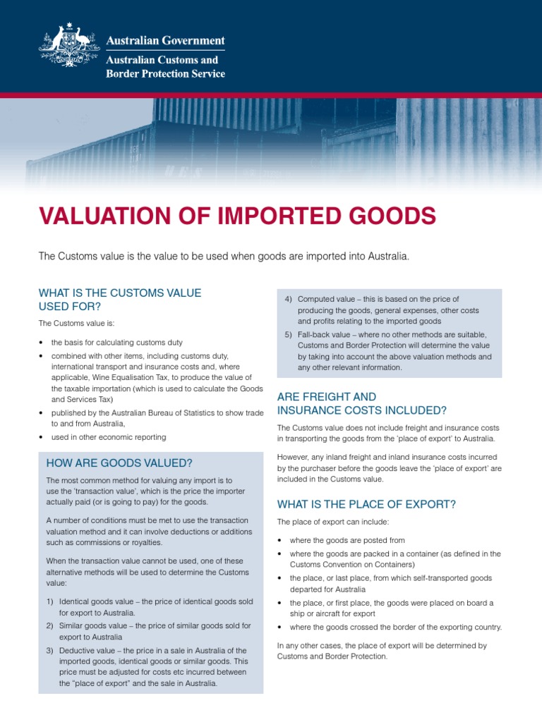 Customs Valuation of Imported Goods | Customs | Exports | Free 30-day ...