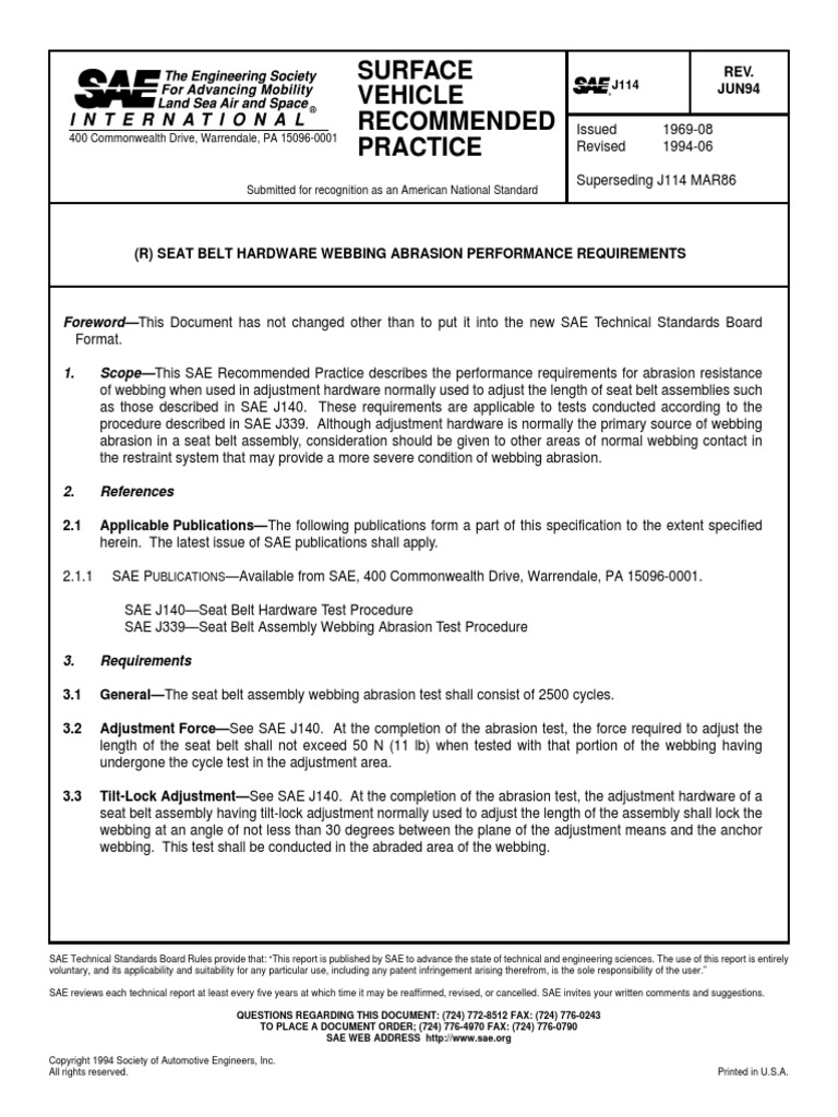 Surface Vehicle Recommended Practice | PDF | Seat Belt | Specification ...