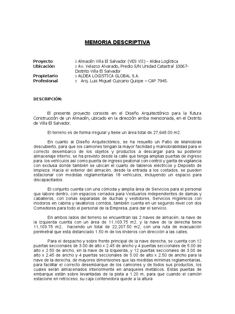 Memoria Descriptiva Arquitctura ALMACEN VES VIII | PDF | Almacén