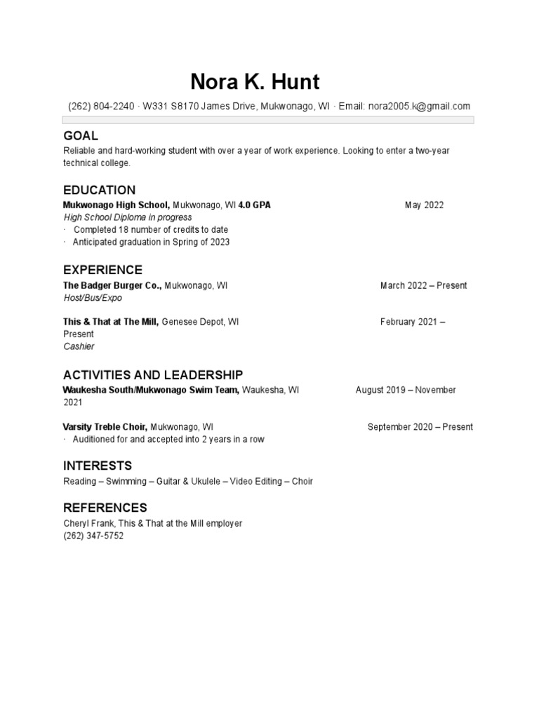 Nora Hunt Resume | PDF