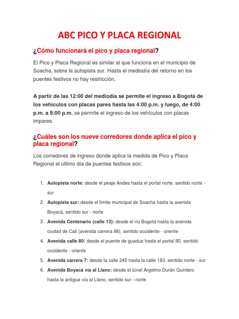 Abc Pico y Placa Regional | PDF | Bogotá | Transporte de tierra