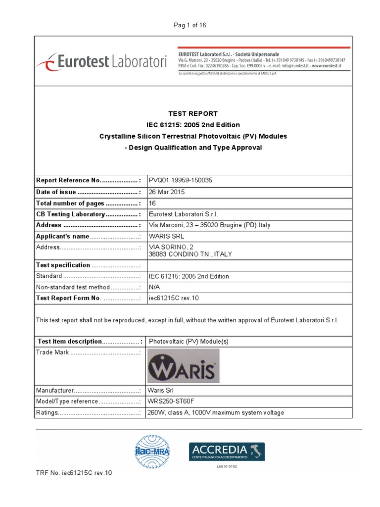 Test Report Iec 61215 2005 2nd Edition | PDF | Insulator (Electricity ...