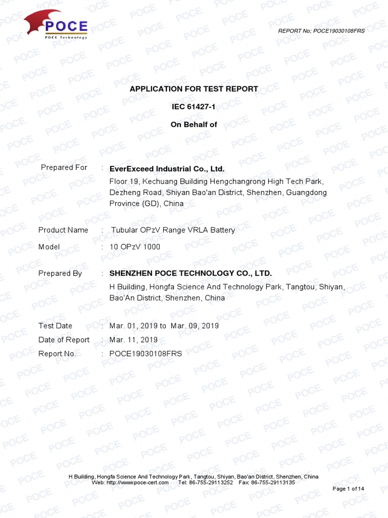 IEC 61427 Test Report for VRLA Battery | PDF | Rechargeable Battery ...
