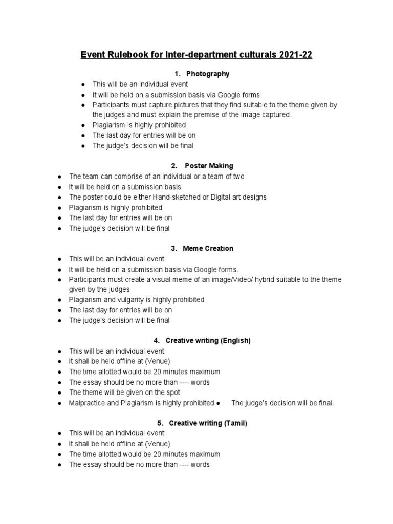 Event Rulebook For Inter-Department Culturals 2021-22 | PDF