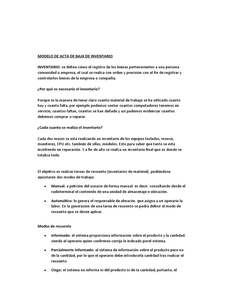 Modelo de Acta de Baja de Inventario | PDF | Inventario | Planificación de recursos empresariales