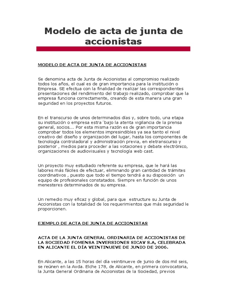 Modelo de Acta de Junta de Accionistas | PDF | Gobierno