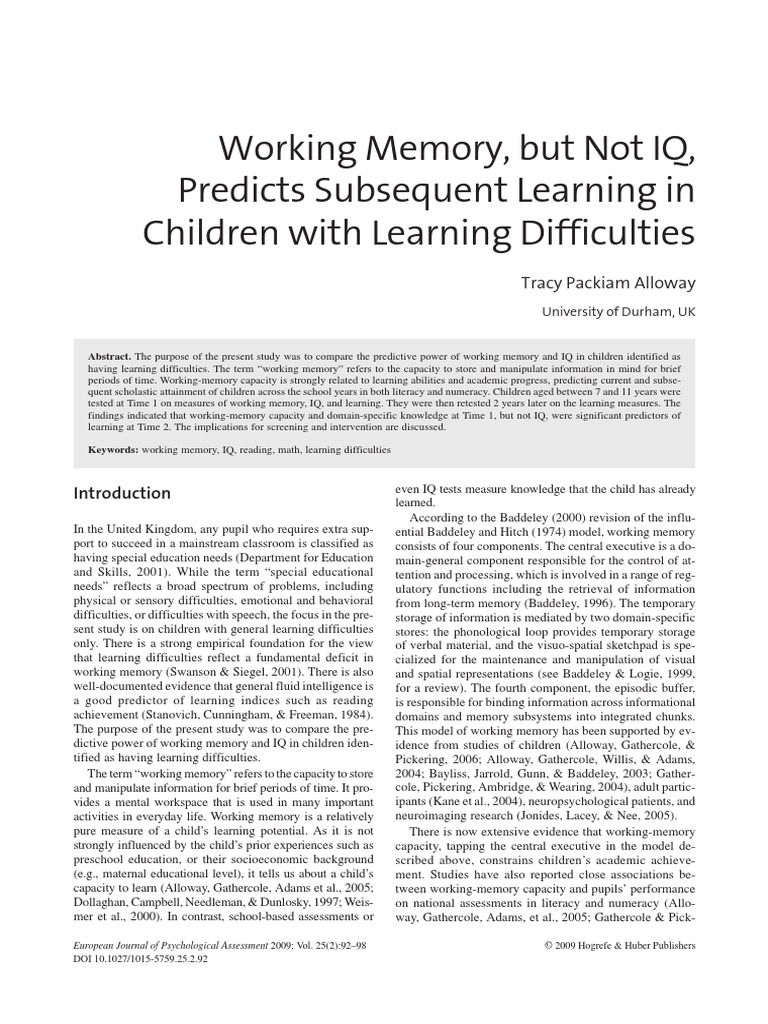 Alloway (2009) | PDF | Intelligence Quotient | Working Memory