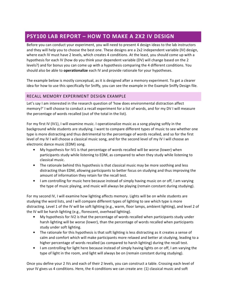 Psy100 Lab Report - How To Make A 2X2 Iv Design: Recall Memory ...