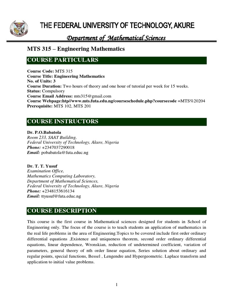 MTS 315 - Engineering Mathematics: Course Particulars | PDF | Ordinary Differential Equation ...
