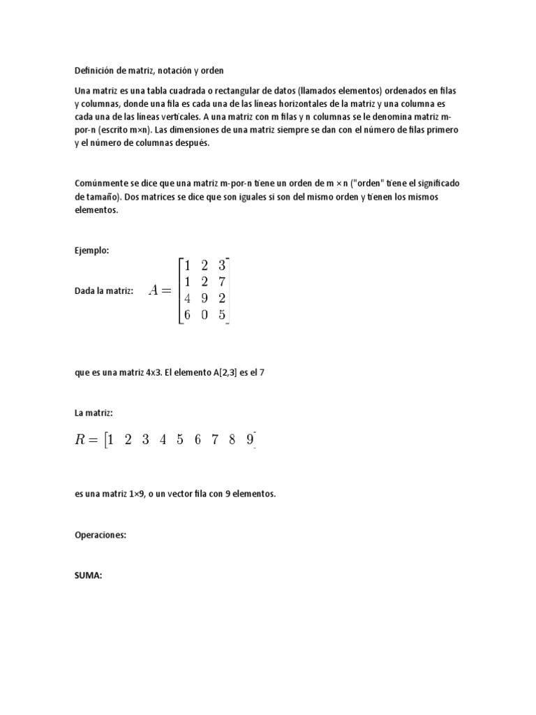 Definición, notación, orden y tipos de matrices | PDF | Matriz ...