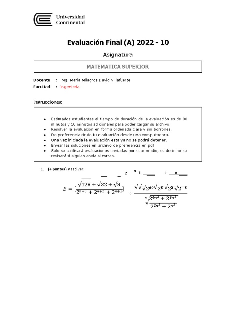 EXAMEN FINAL DE MATEMATICA SUPERIOR Jerson | PDF