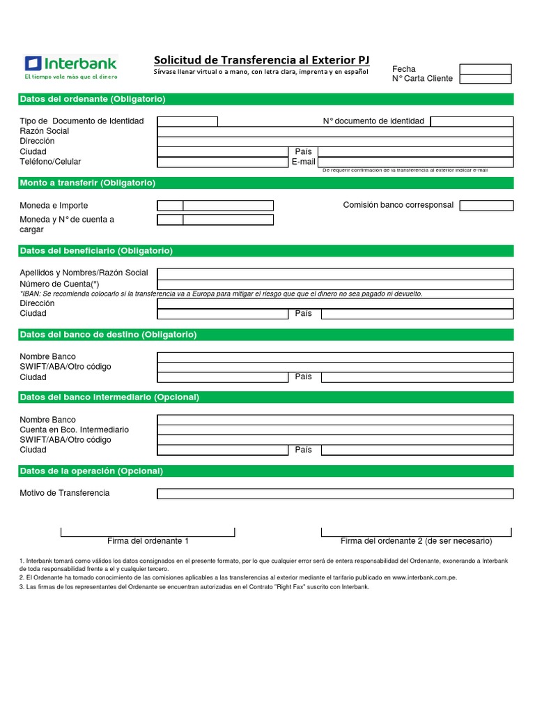Solicitud Transferencias Al Exterior Interbank | PDF | Bancos | Bancario