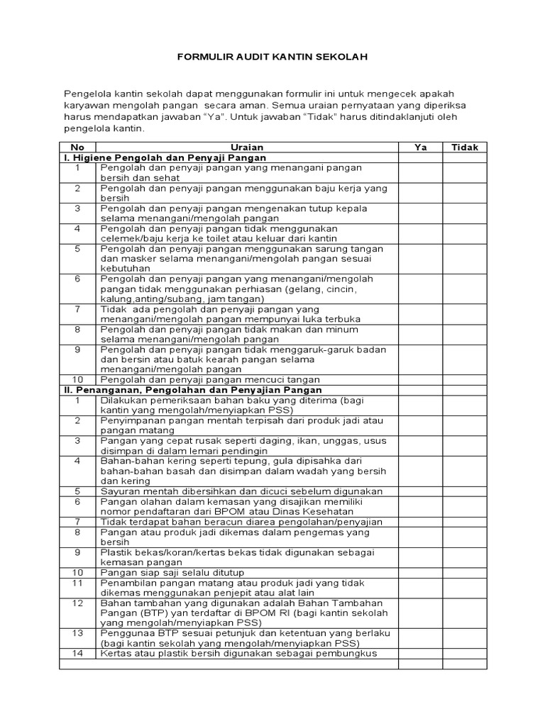 Formulir Audit Kantin Sekolah | PDF