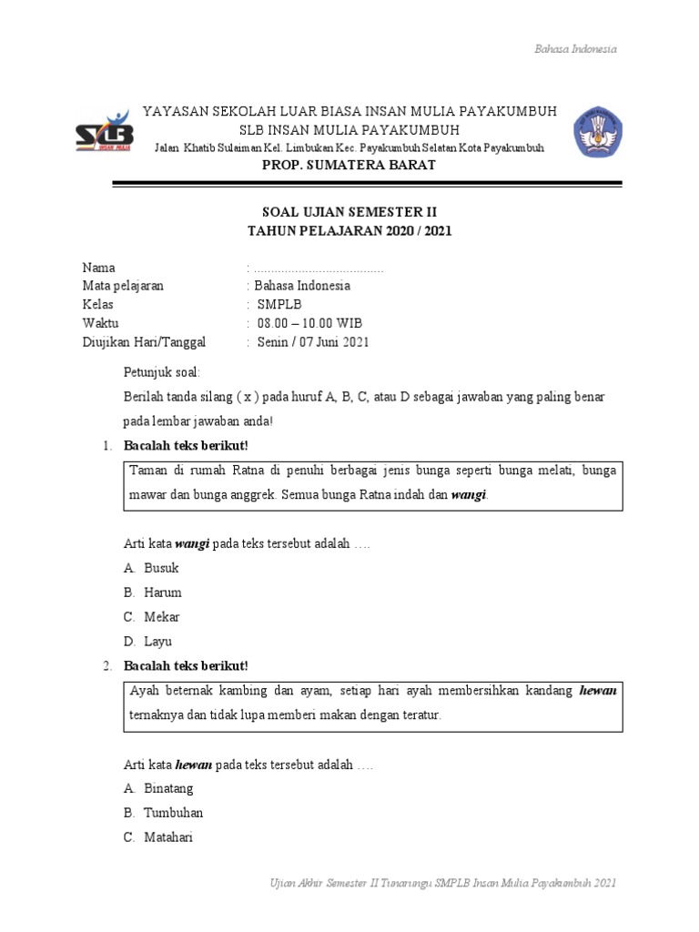 Soal Ujian Semester 2 Bahasa Indonesia SMPLB B | PDF