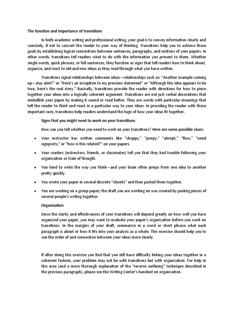The Function and Importance of Transitions | PDF | Argument | Paragraph