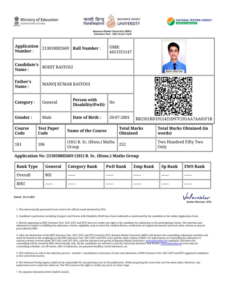 Rohit Rastogi's BHU Entrance Test 2021 Score Card for B. Sc. (Hons ...
