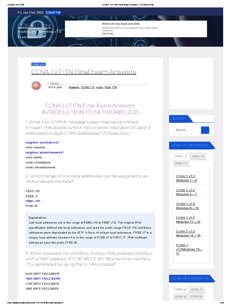 CCNA 1 v7 ITN Final Exam Answers | PDF | Port (Computer Networking) | Computer Network