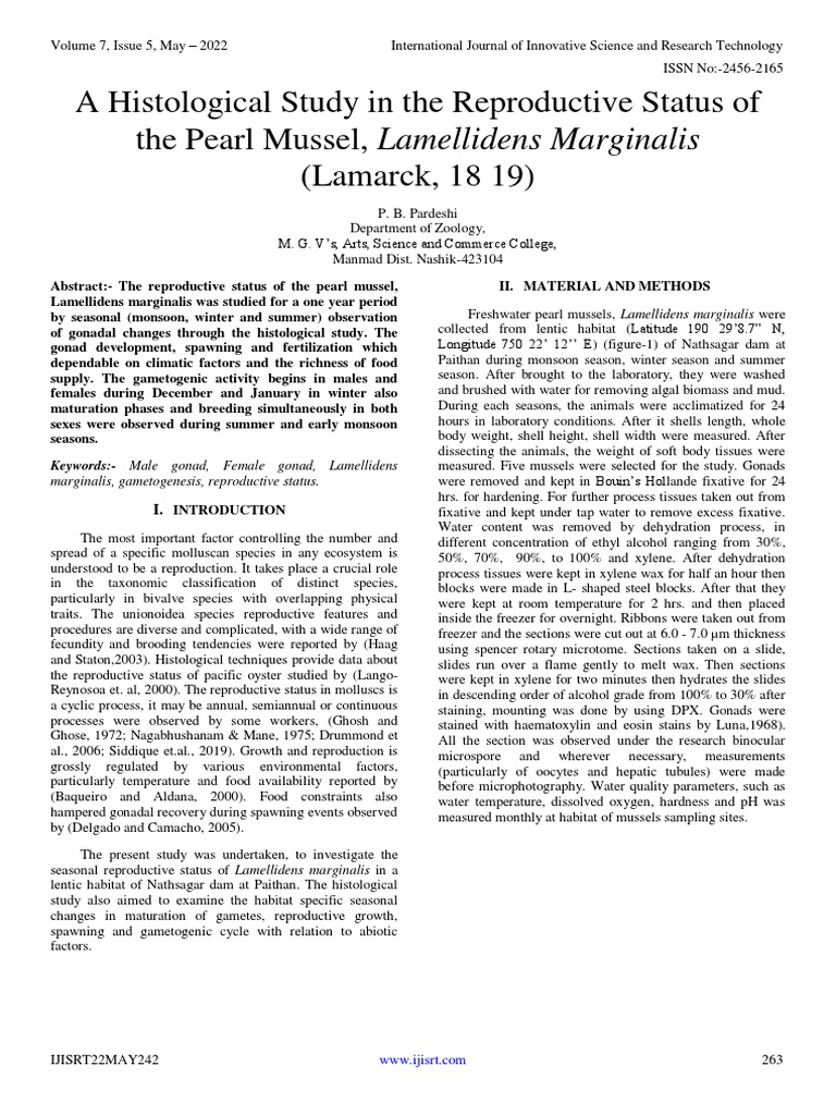 A Histological Study in The Reproductive Status of The Pearl Mussel ...