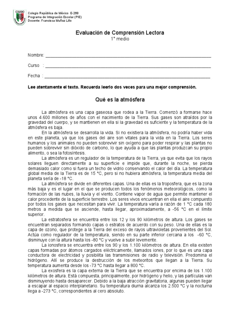 Comprensión Lectora: La Atmósfera terrestre | PDF | Atmósfera | Tierra