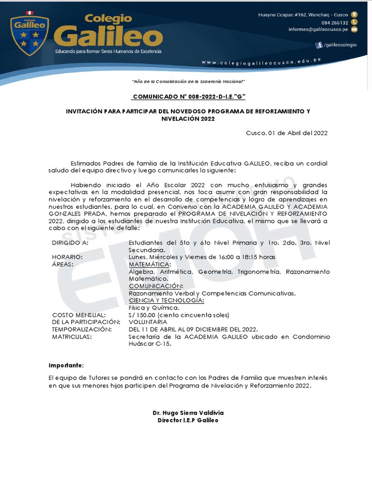 Comunicado #008-2022-D-IE-GALILEO | PDF