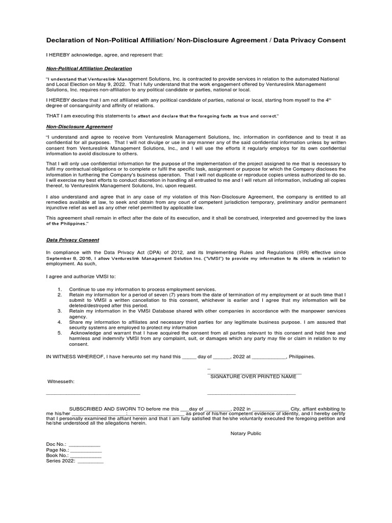 Draft - Declaration of Non-Political Affiliation and Non-Disclosure ...