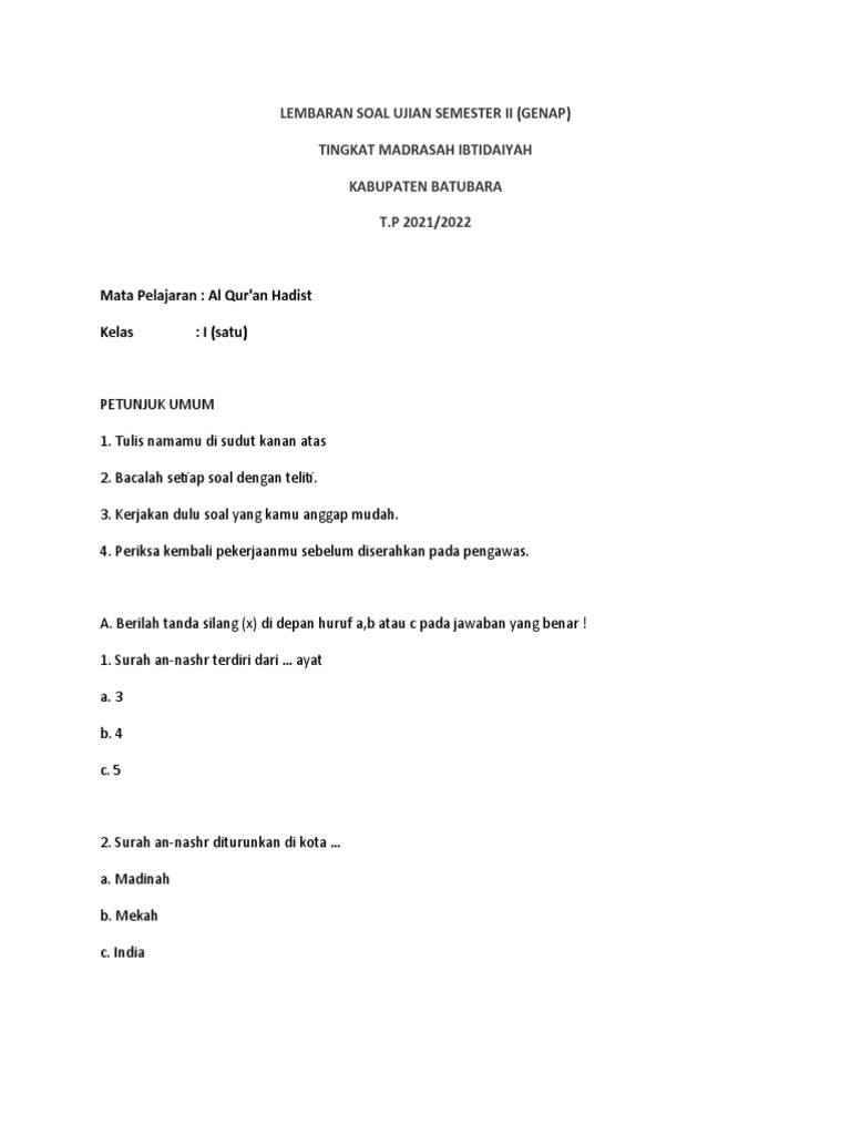 SOAL Q.Hadist SEM 2 KELAS 1 | PDF | Seni & Disiplin Bahasa