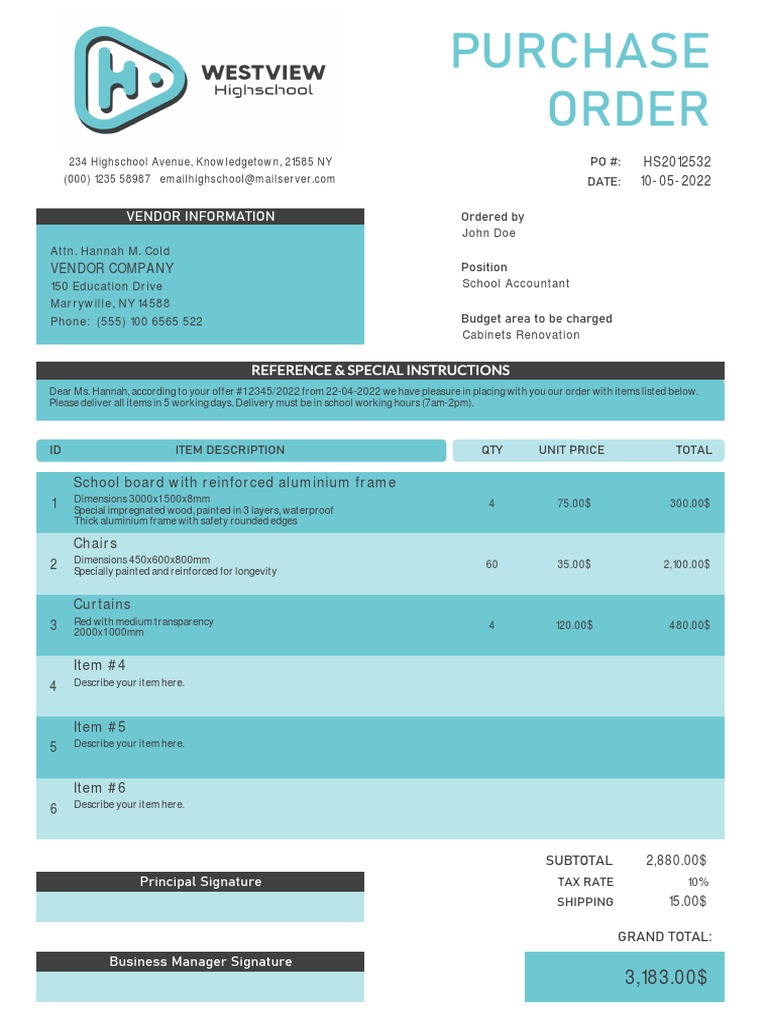 School Purchase Order Template | PDF