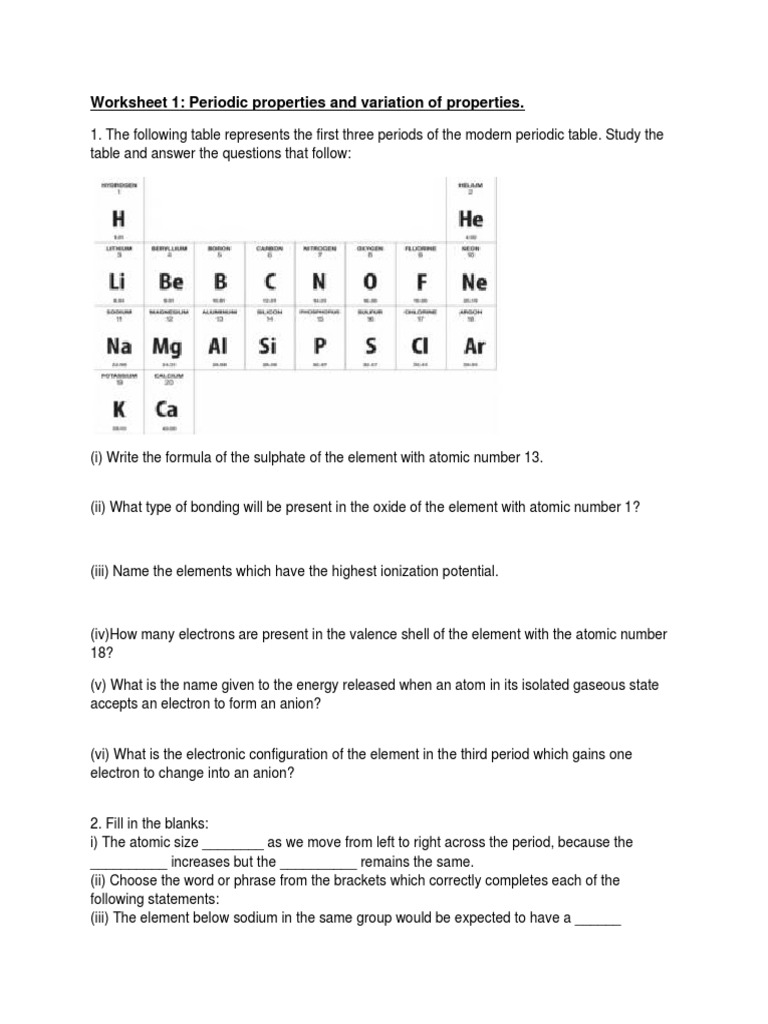 Periodic Properties and Trends Worksheet | PDF | Periodic Table | Ion