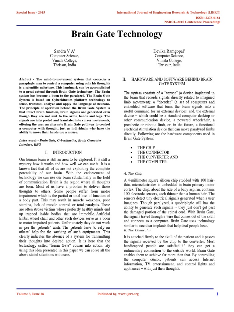 Brain Gate Technology IJERTCONV3IS28016 | PDF | Electroencephalography | Brain